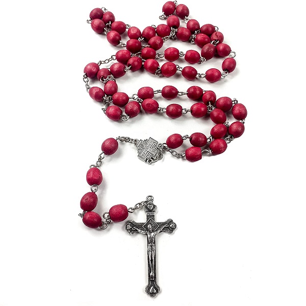 Rosario en palo de rosa camándula olor a rosas rojo acero 33 granos - Rappi