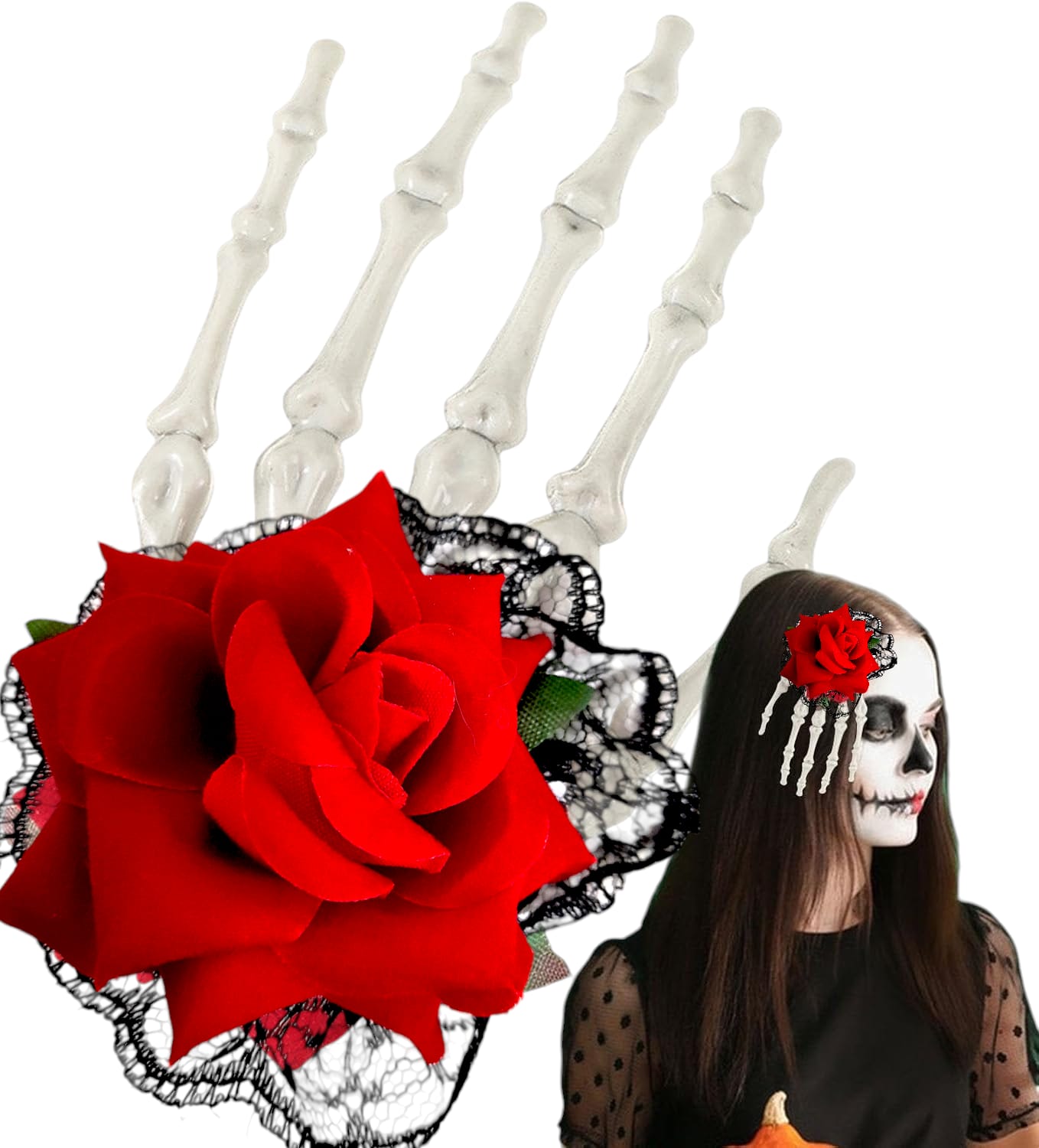 Pinza Cabello Mano Esqueleto Con Rosa Para Halloween - Rappi