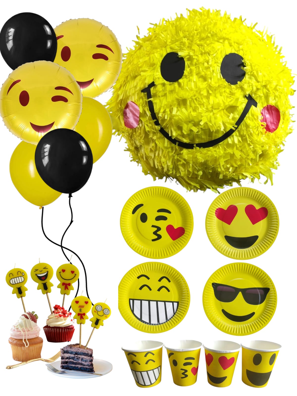 Kit Fiesta Emoji Emoticon Meme Piñata Vasos Plato Vela Globo - Rappi