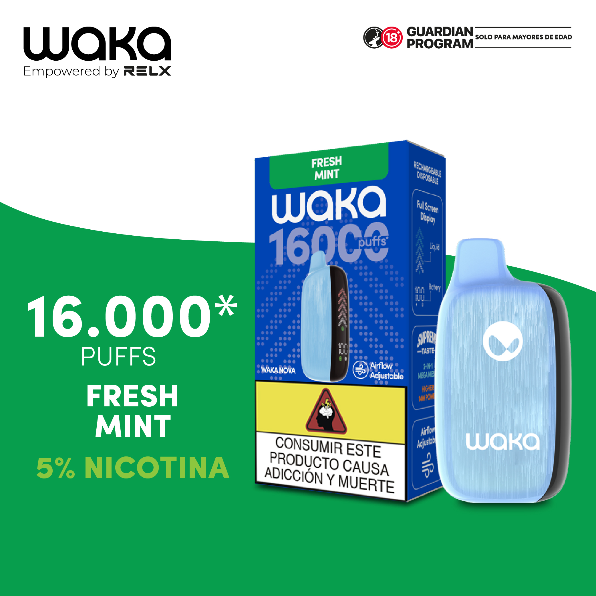 Vape Waka Menta 16000 Puffs 5% - Rappi