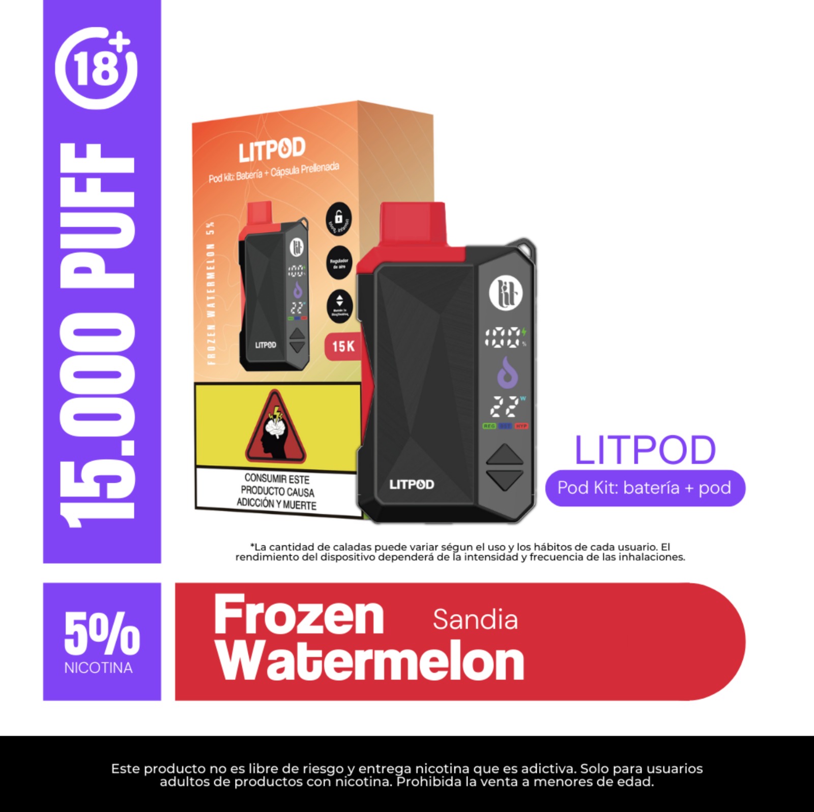Vape Lit Frozen Watermelon 15.000 Puffs Kit Bateria Y Pod - Rappi