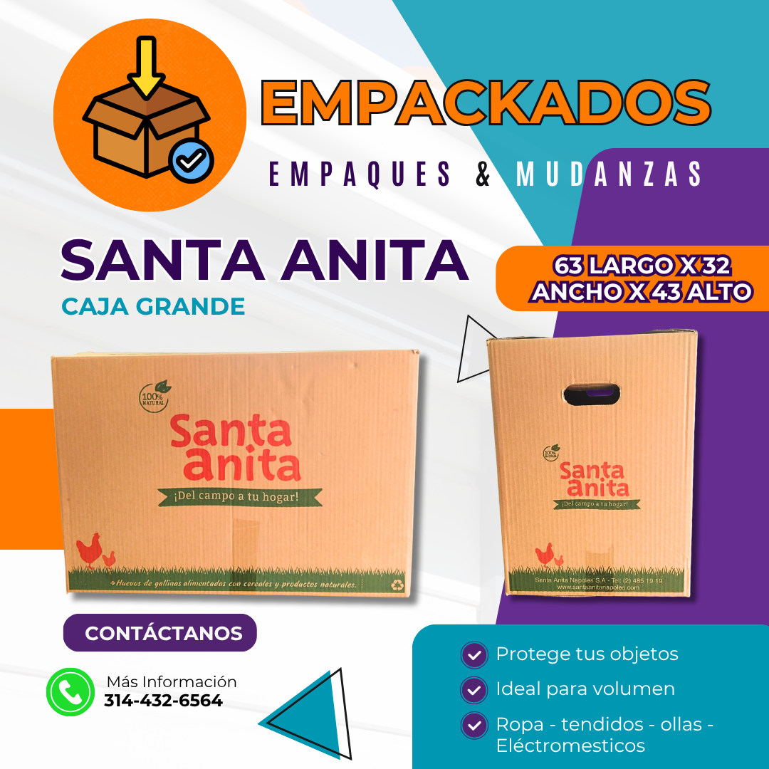 Caja De Cartón Grande Santa Ana 63x32x43 - Empaques Para Mudanzas - Rappi