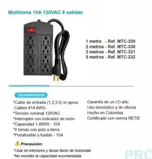 Multitoma 1 Metro Supresor Voltimax Pro 8 Tomas 120v 15a 1800w - Rappi