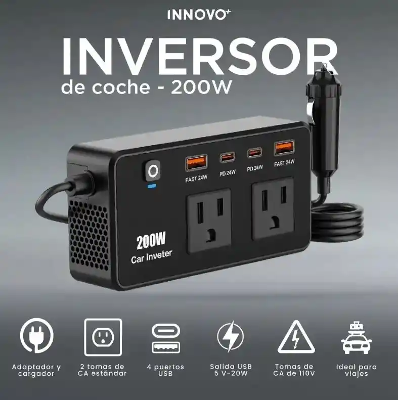 Inversor 200w Para Carro 12v A 110v 6 Salidas Usb Fast Charge + Pd 24w ...