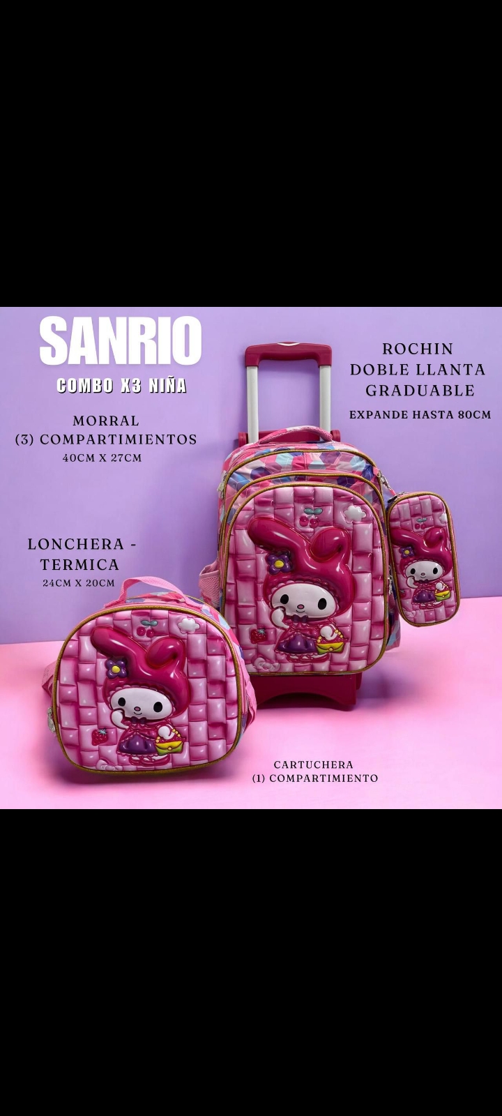 Combo Escolar Sanrio Rodachines Expandiblex3 - Rappi