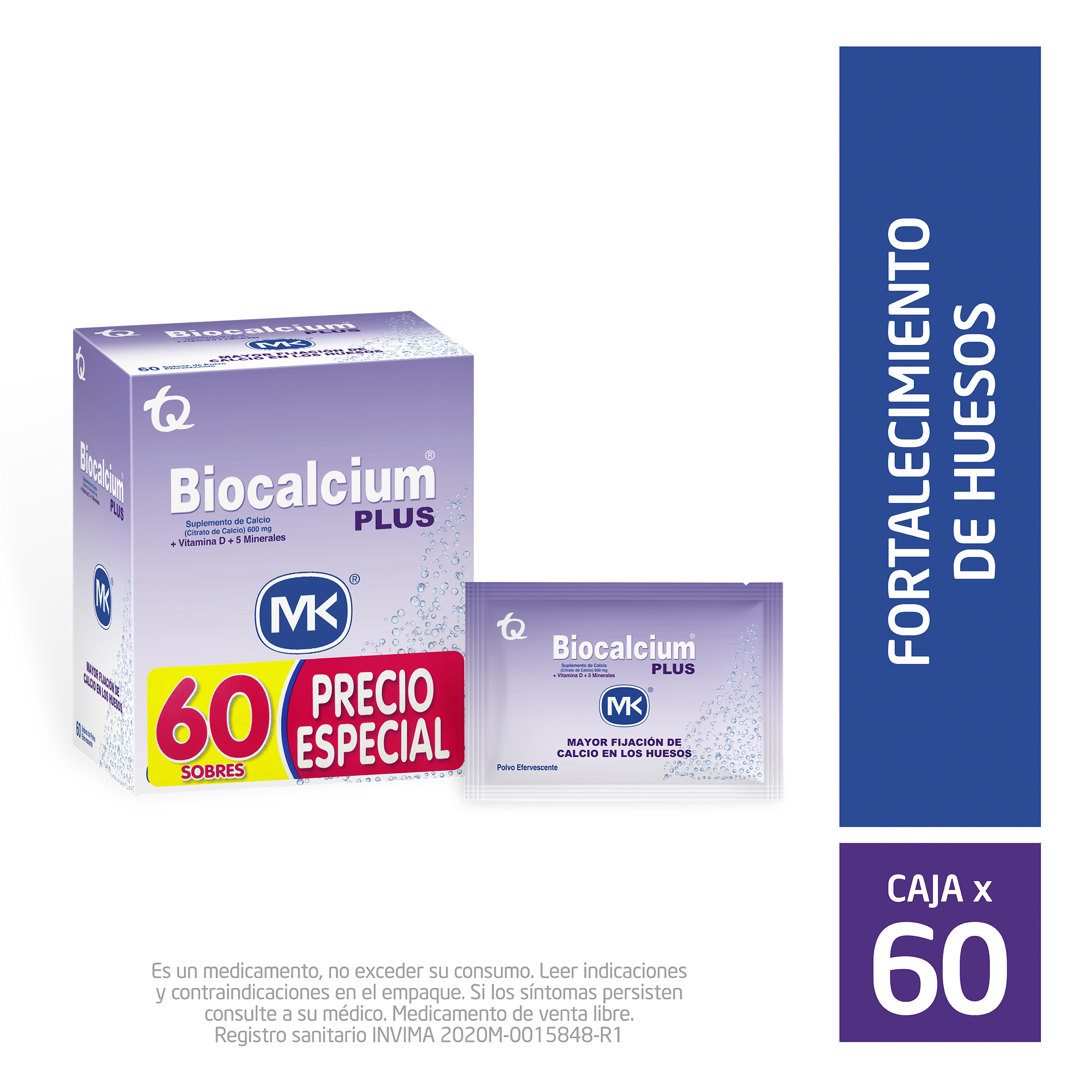 Biocalcium Plus MK Efervescente Calcio con Vitamina D y 5 Minerales ...