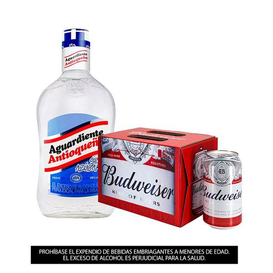 Aguardiente Antioqueño Sin Azucar Azul 750 Ml + Sixpack Budweiser Lata ...